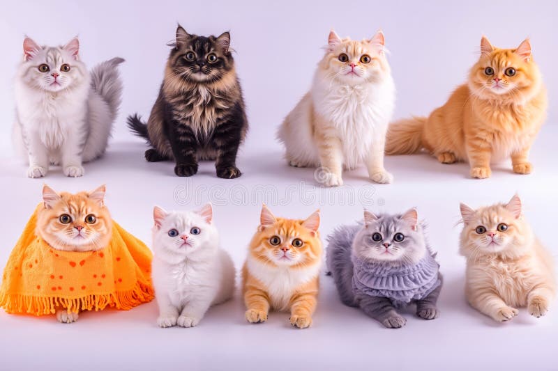 A Group of Cats Sitting in a Row on a White Background Stock ...