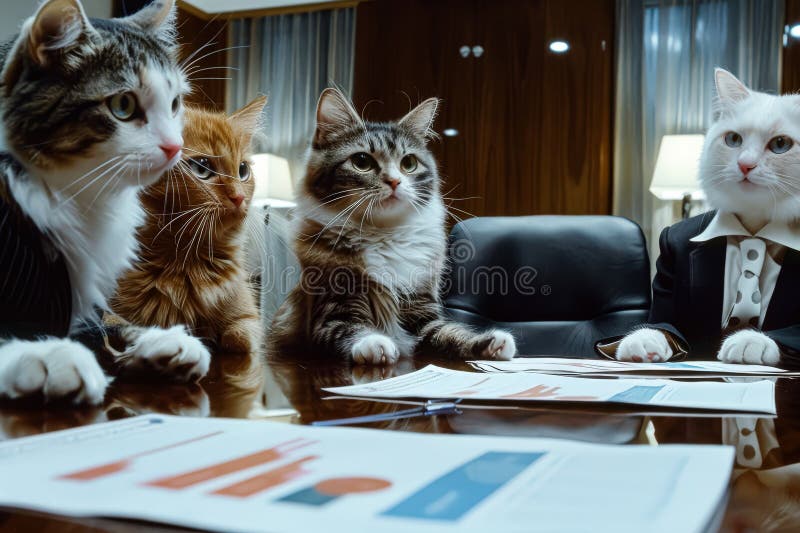 Group of Cats are Sitting at a Table with Papers in Front of Them Stock ...