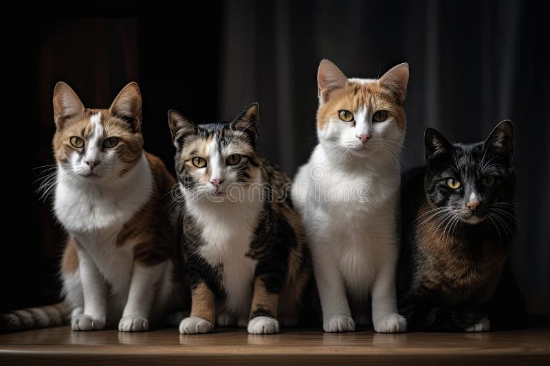 Group of Cats Sitting Together, Looking into the Camera with Curious ...