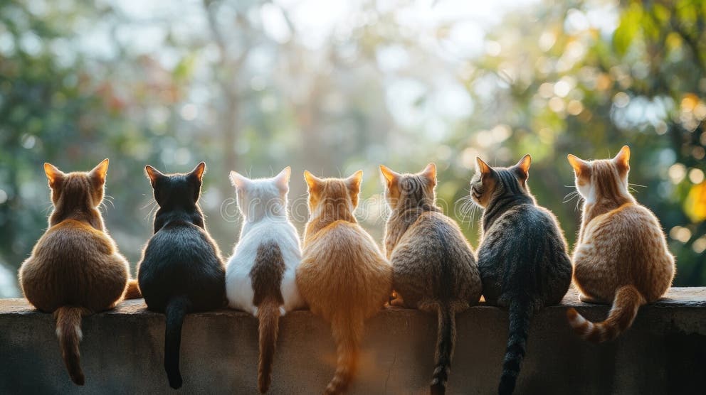 Group of Cats Sitting on a Wall in Sunlight at Dusk in Serene Natural ...