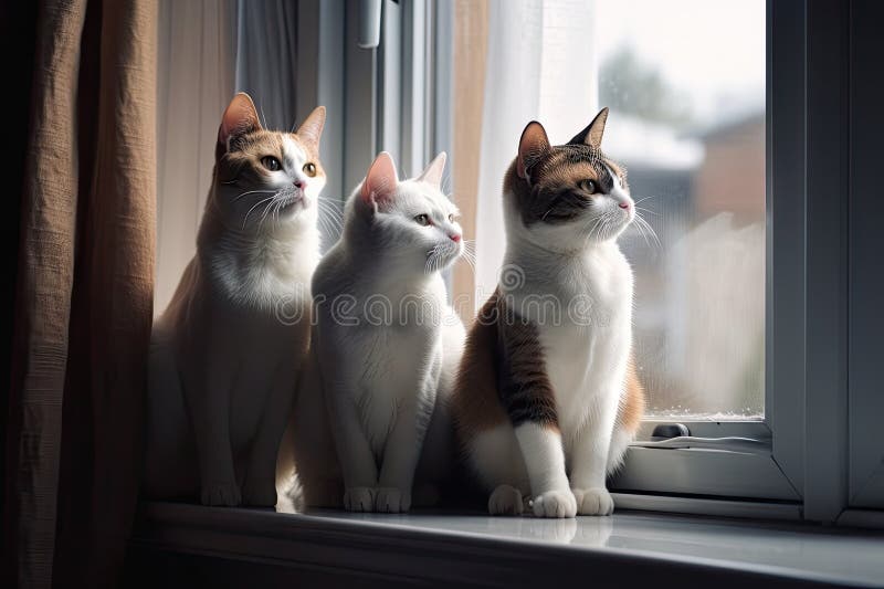 A Group of Cats Sitting on a Windowsill, Watching the Outside World ...