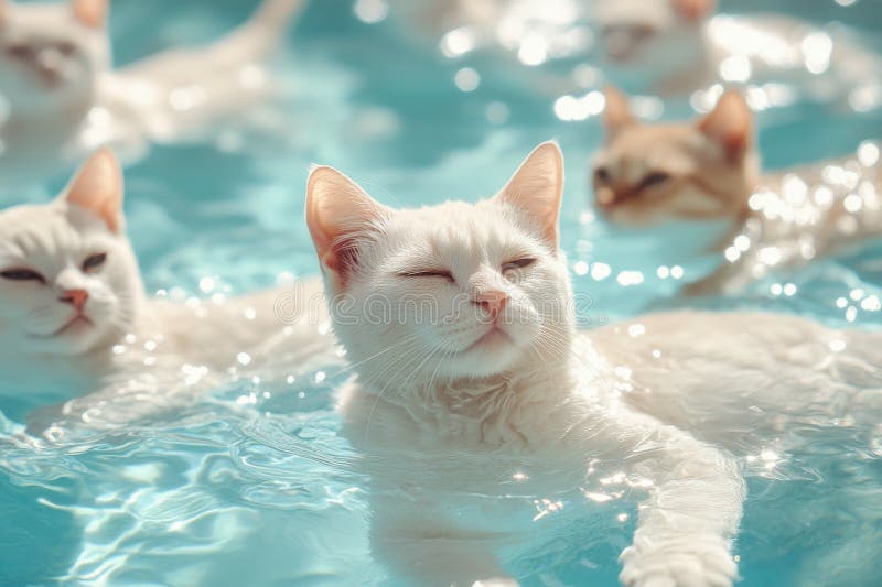 A Group of Cats are Swimming in a Pool Stock Photo - Image of mammal ...