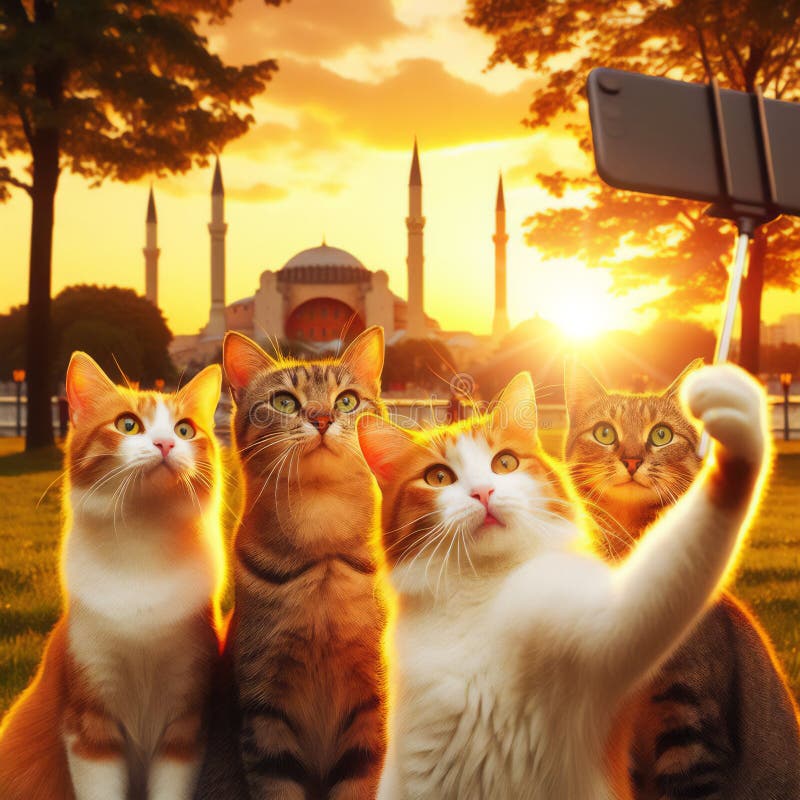 Group of Cats Taking a Selfie, in Front of a Mosque at Sunset Stock ...