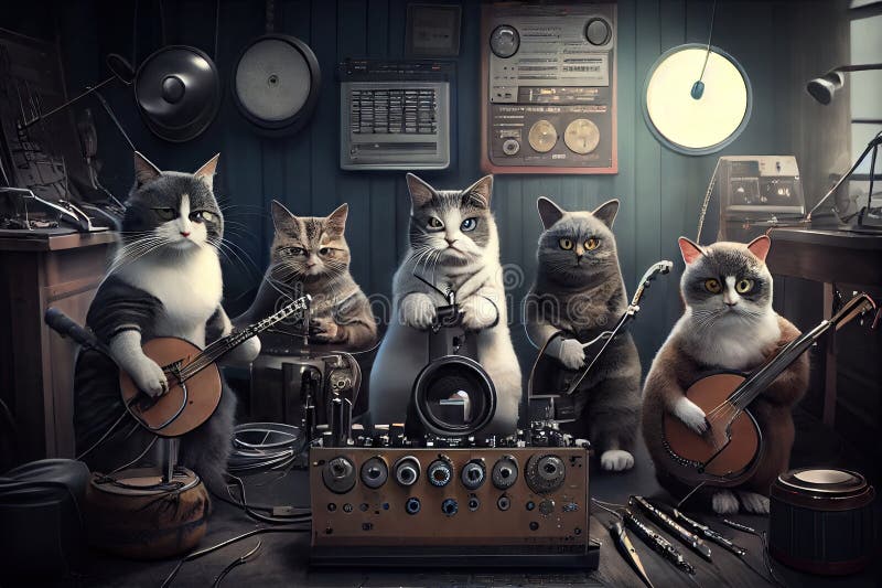 Group of Cats with Their Instruments in a Recording Studio, Getting ...