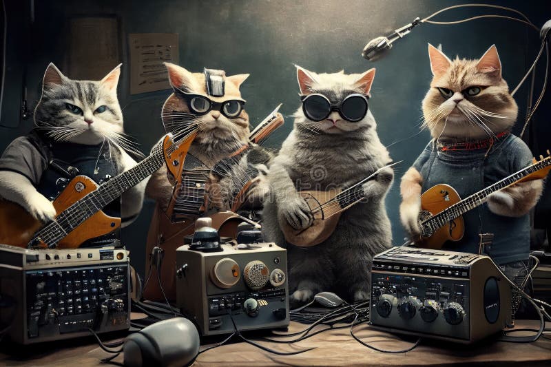 Group of Cats with Their Instruments in a Recording Studio, Getting ...