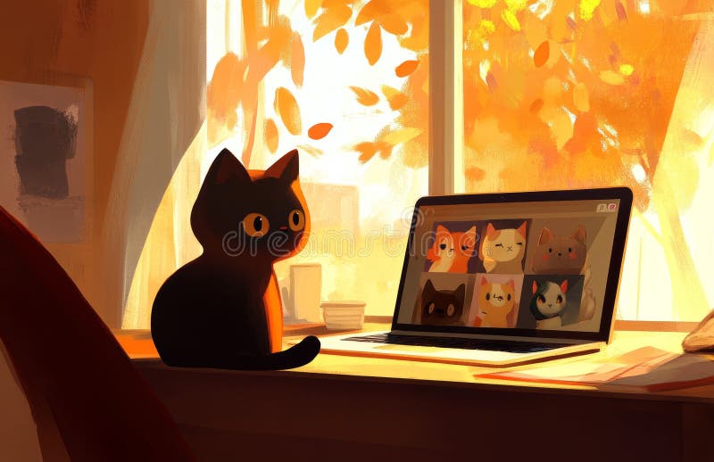 A Group of Cats are in a Video Conference Using a Laptop. they are ...