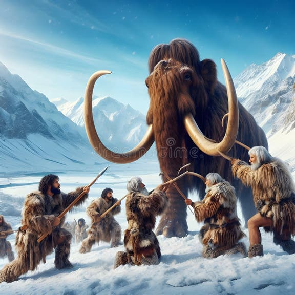Cavemen hunting a mammoth stock illustration. Illustration of mythology ...