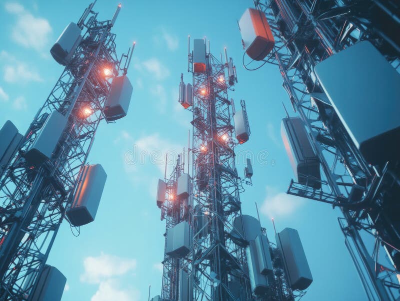 Cell Towers at Night stock image. Image of lights, blue - 385540307