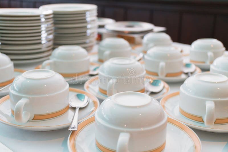 Group of Ceramic Cup and Plates Stacked on the Table for Tea or Coffee ...