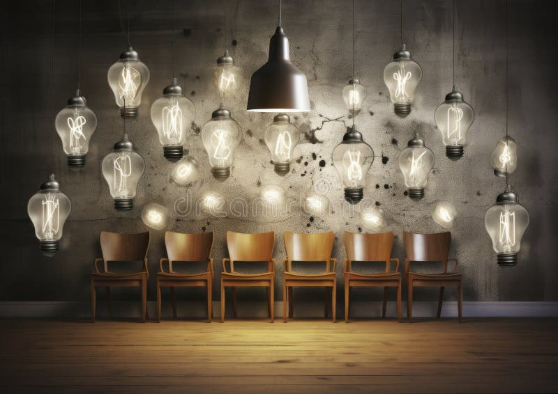 A Group of Chairs Illuminated by a Cluster of Light Bulbs Stock ...