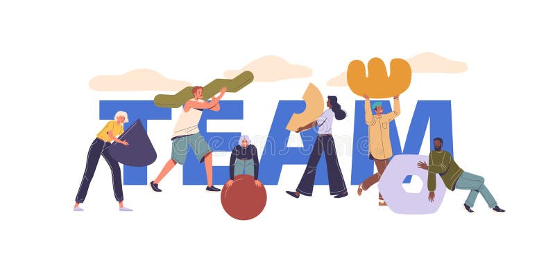 Group of Characters Working Together To Assemble Large Letters Spelling ...