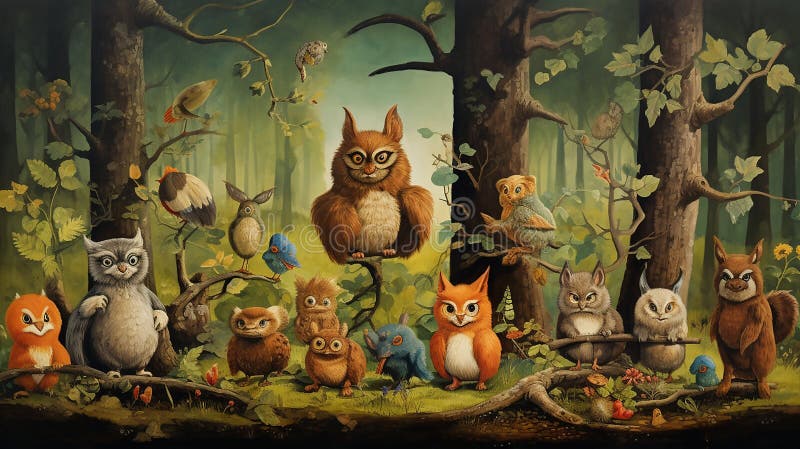 A Group of Cheerful Animals in a Forest Stock Illustration ...