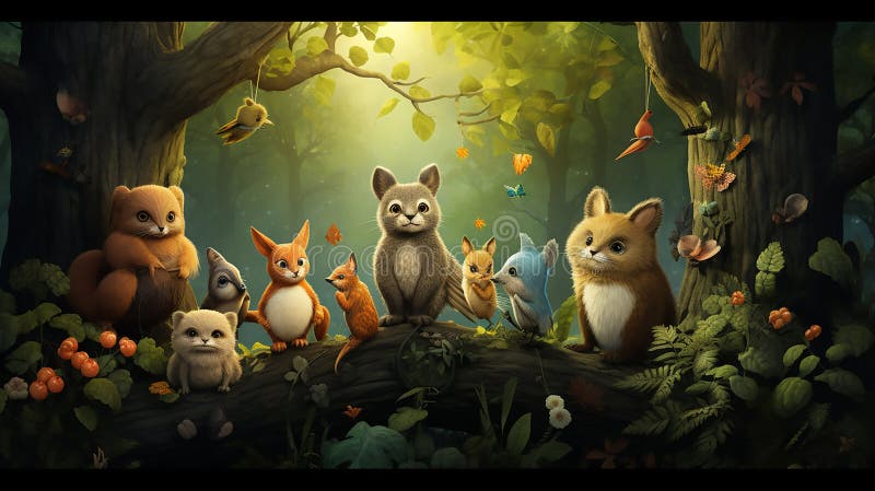 A Group of Cheerful Animals in a Forest Stock Illustration ...
