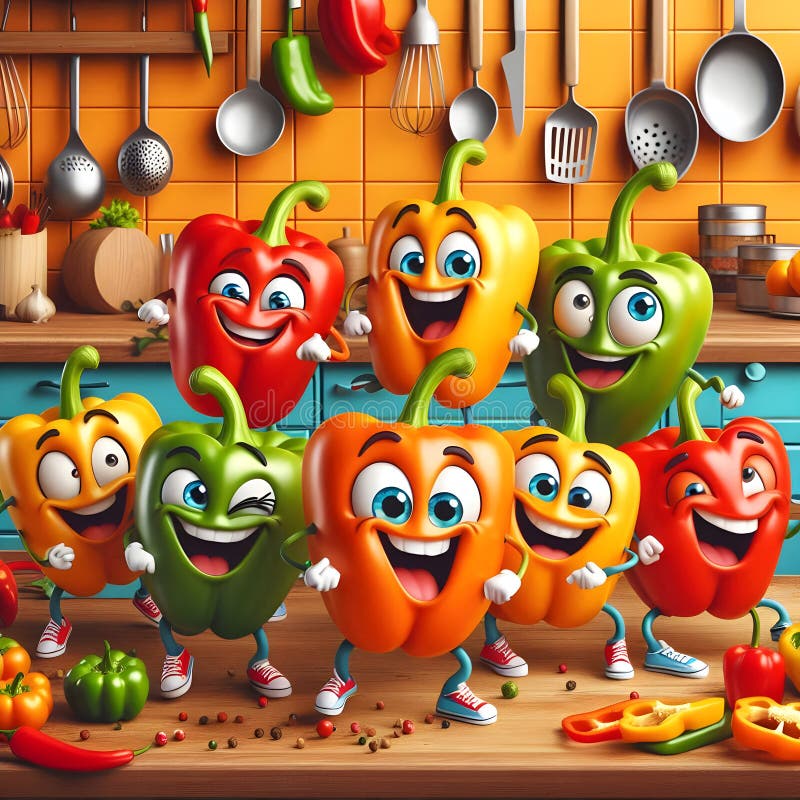Funny Bell Peppers Dancing and Having Fun in a Kitchen Stock ...