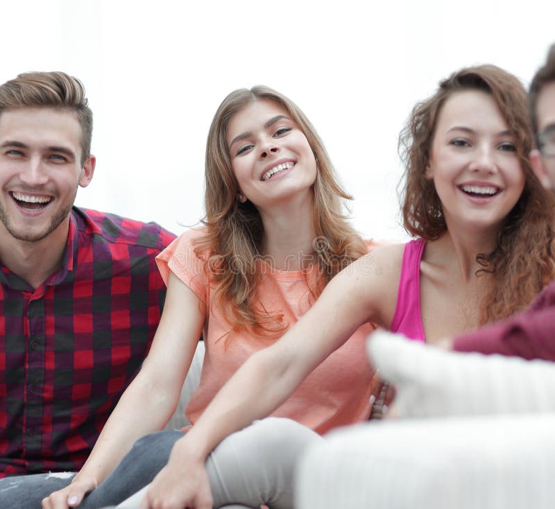 Group of Cheerful Friends Sitting on Sofa Stock Image - Image of ...