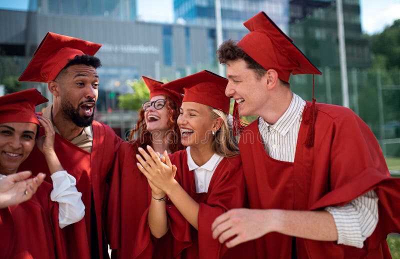 Group of Cheerful University Students Celebrating Outdoors, Graduation ...