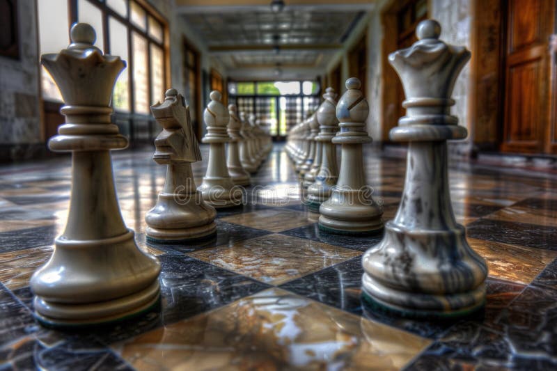 A Group of Chess Pieces Sit on a Checkered Floor, Ready for a Game ...