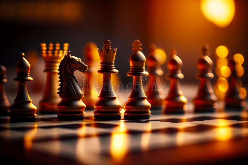 Group of Chess Pieces Sitting on Top of Chess Board with Light Shining ...