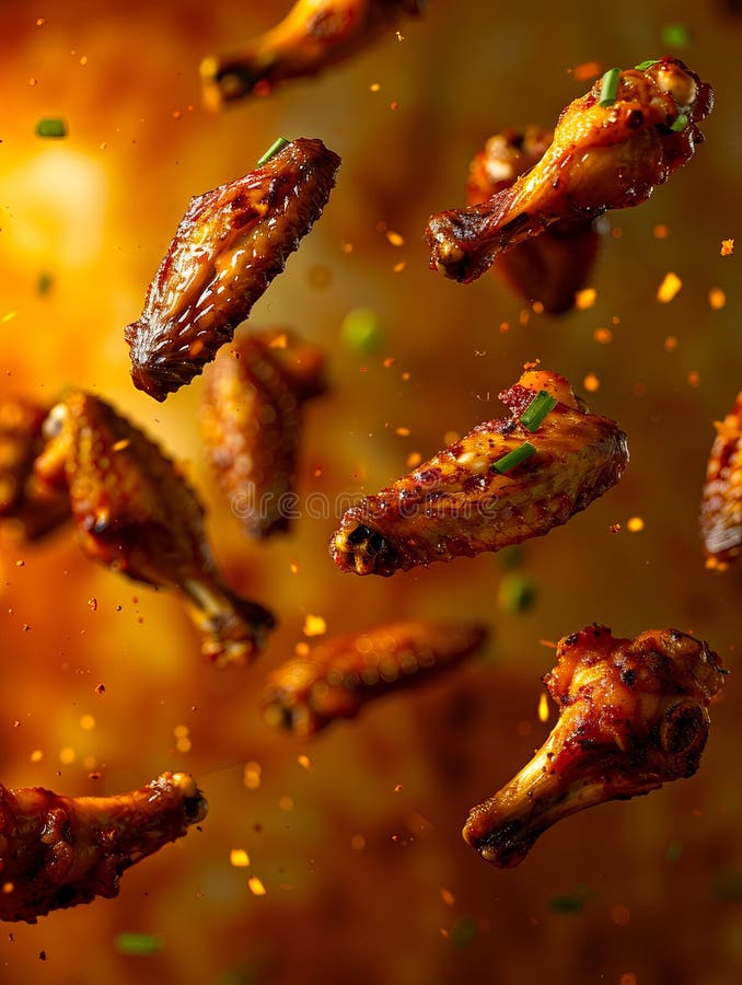 A Group of Chicken Wings Flying in the Air Stock Image - Image of meat ...