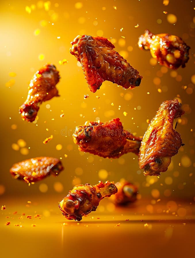 A Group of Chicken Wings Flying in the Air Stock Image - Image of flip ...