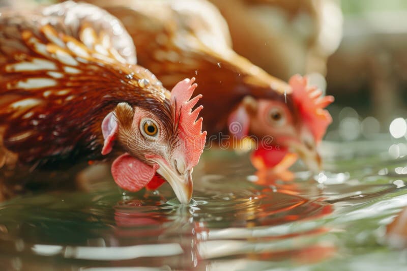 Group of Chickens Drinking Water from a Pond Stock Photo - Image of ...