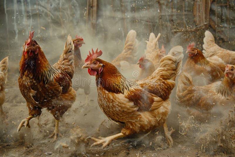 A Group of Chickens are Energetically Running in the Dirt, Scratching ...