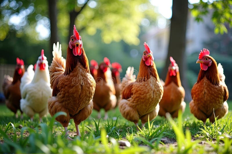 Group of Chickens Foraging on Grass in Sunlit Backyard Stock Photo ...