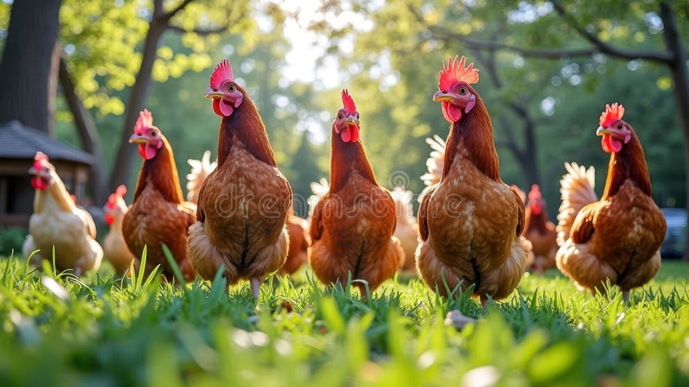 Group of Chickens Grazing on Green Grass in Sunlit Farmyard Stock Photo ...