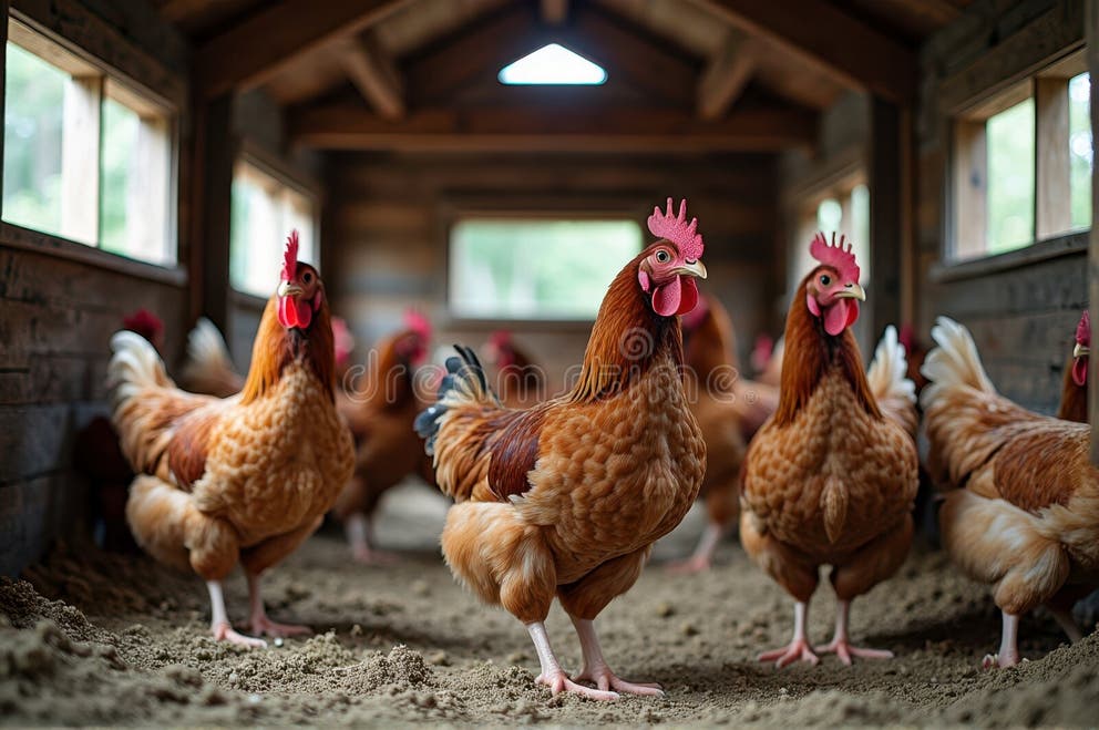 Group of Chickens Inside Sunlit Barn with Wooden Walls and Windows ...