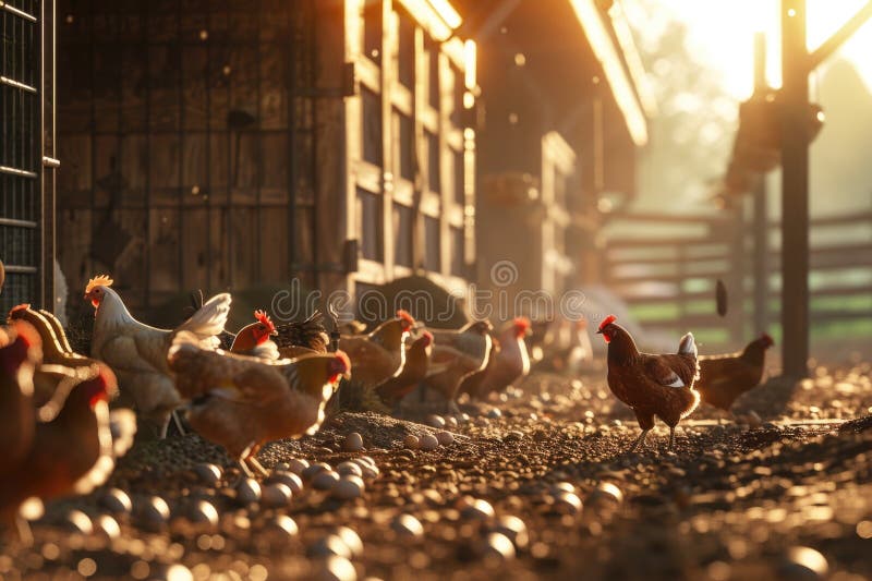 A Group of Chickens Roaming Freely in a Rustic Barn Setting Stock Image ...