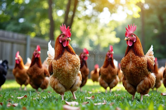 Group of Chickens Roaming Freely in Sunlit Backyard Stock Image - Image ...