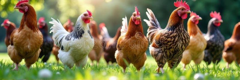 Group Chickens Roaming Green Field Sunlit Farm Environment Stock Photos ...