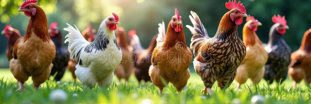 Group of Chickens Roaming Green Field in Sunlit Farm Environment Stock ...