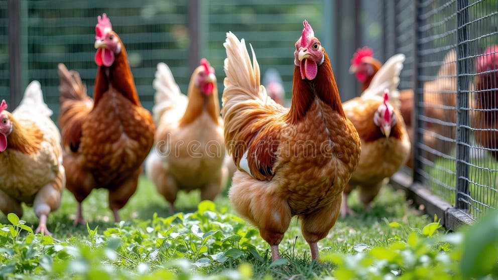 Group of Chickens Roaming Inside a Farm Enclosure with Greenery Stock ...