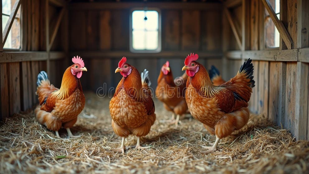 Group of Chickens Roaming Inside a Wooden Chicken Coop with Sunlight ...