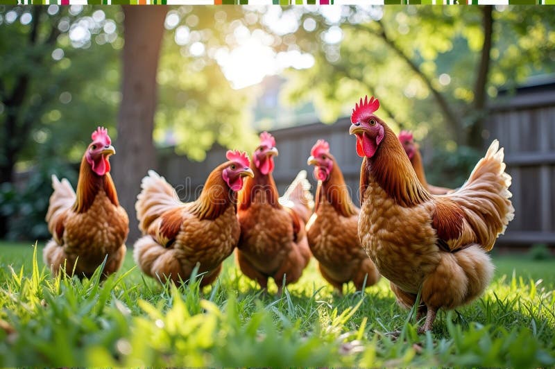 Group of Chickens Roaming a Sunlit Backyard with Lush Green Grass Stock ...