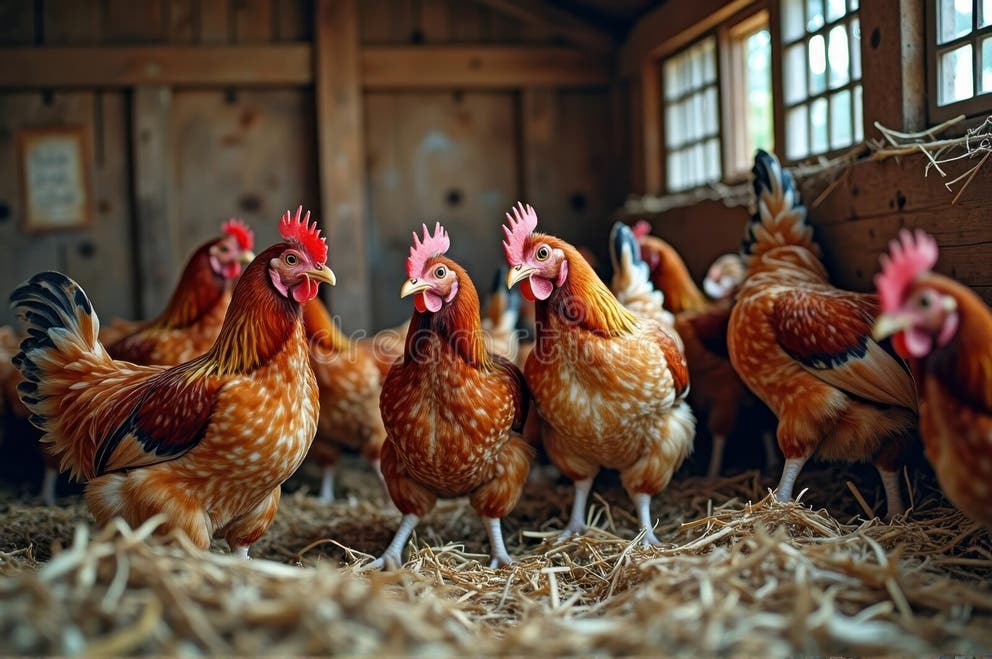 Group of Chickens in Rustic Coop with Sunlight Streaming through ...