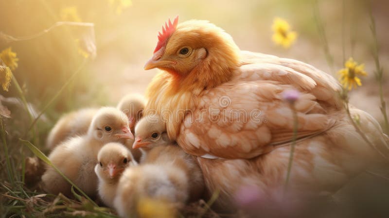 A Group of Chickens Sitting on Top of a Grass Covered Field Stock ...