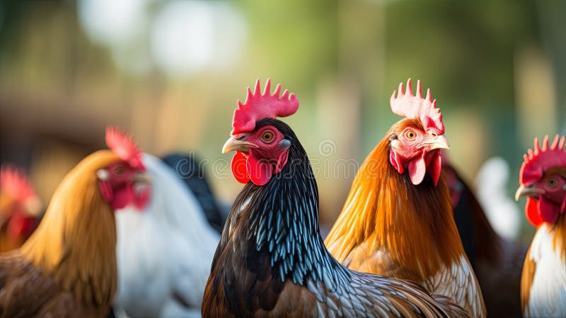 A Group of Chickens Standing Next To Each Other Stock Image - Image of ...