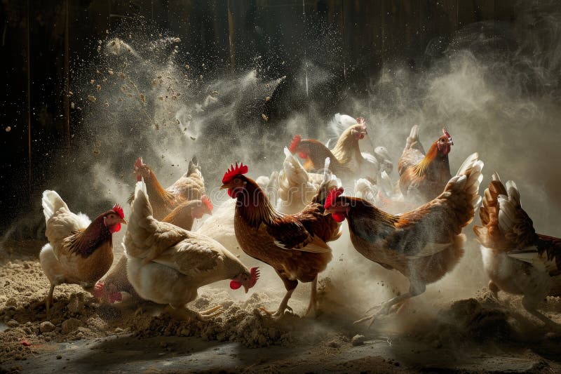 A Group of Chickens Standing on Top of a Dirt Field, Scratching and ...
