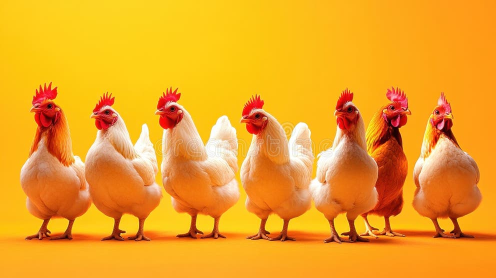 Colorful Chickens Posing in a Row Against a Vibrant Orange Background Showcasing Diverse Plumage ...