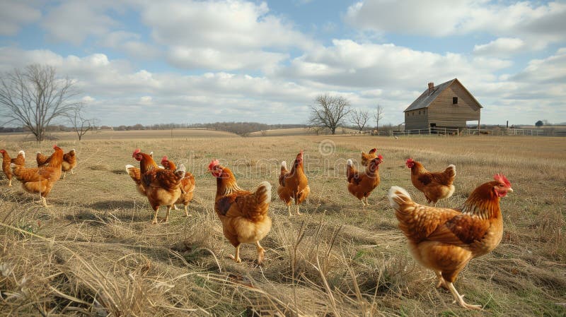 Group of Chickens Walking Across Dry Grass Field Stock Image - Image of ...