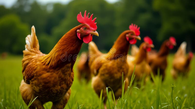 A Group of Chickens Walking through a Field of Tall Grass Stock Image ...