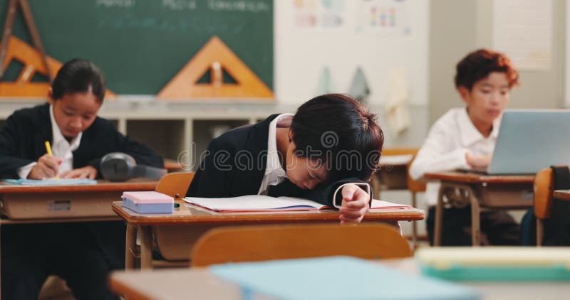 Group, Child and Classroom with Sleeping, Tired and Desk for Education ...