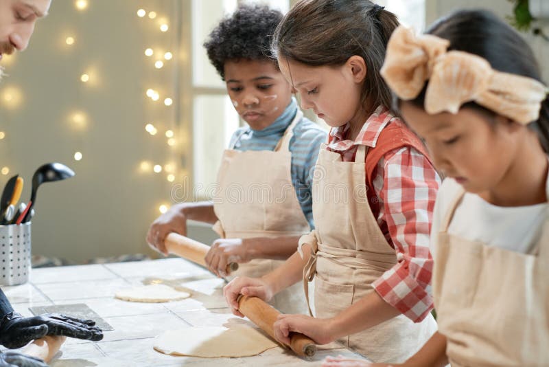 Children Rolling the Dough for Pizza Stock Image - Image of kneading ...