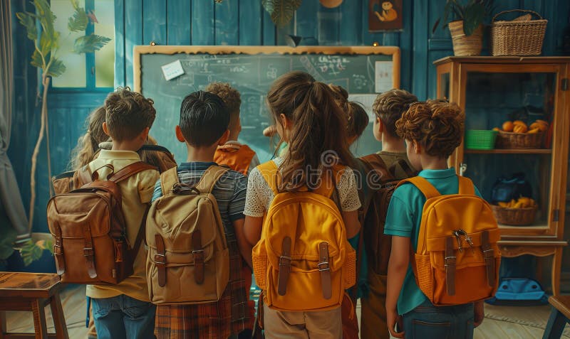Group of Children with Backpacks Standing in a Classroom Facing the ...