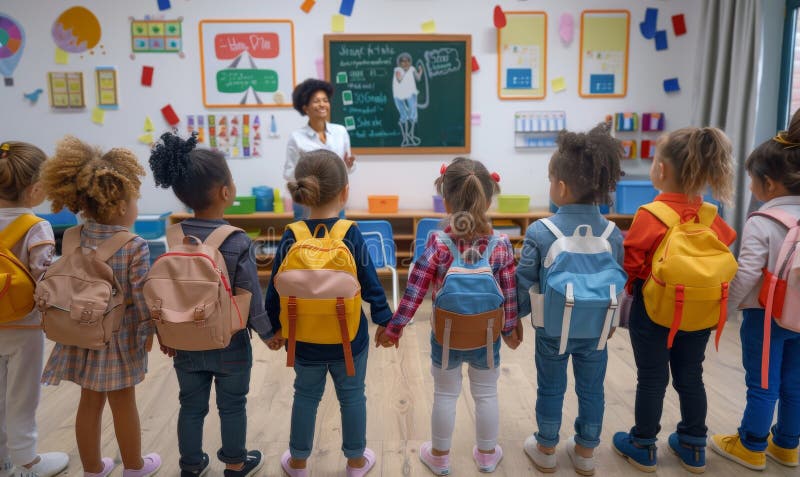 Group of Children with Backpacks Standing in Classroom, Facing Teacher ...