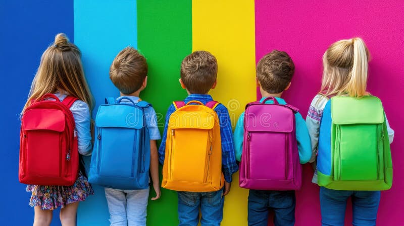 A Group of Children with Backpacks Standing in Front of a Colorful Wall ...