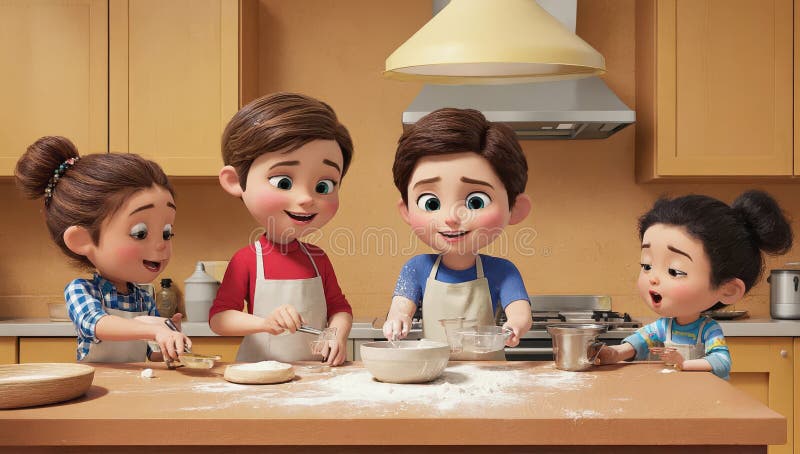 A Group of Children Baking Together, Smiling and Playing with Flour in ...