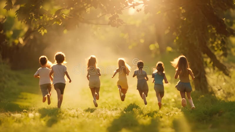 A Group of Children Chase Fireflies in a Forest on a Summer Evening ...